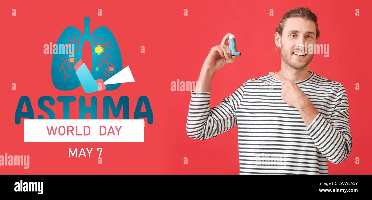 Banner for World Asthma Day with young man holding inhaler Stock Photo ...