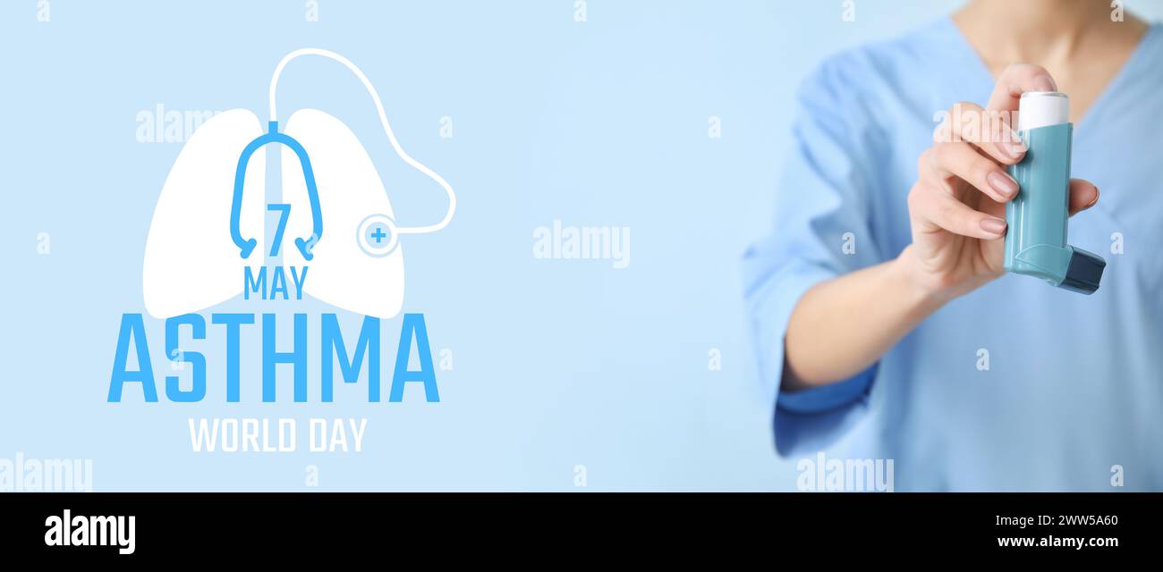 Banner for World Asthma Day with doctor holding inhaler, closeup Stock ...