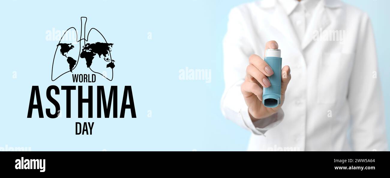 Banner for World Asthma Day with doctor holding inhaler, closeup Stock ...