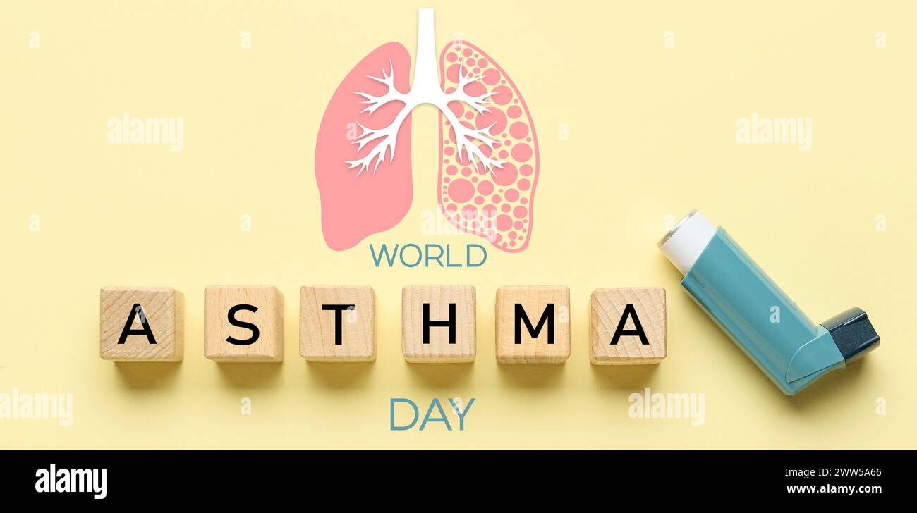 Banner for World Asthma Day with inhaler and paper lungs Stock Photo ...