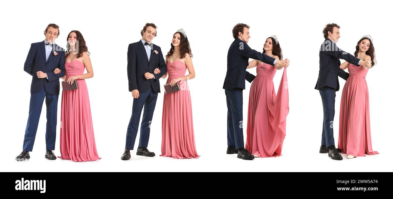 Set of young couples dressed for prom on white background Stock Photo ...