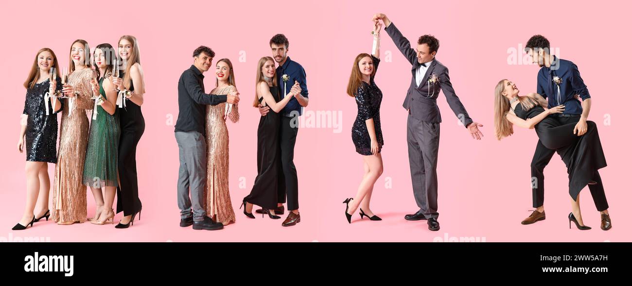 Set of young couples dressed for prom on pink background Stock Photo ...