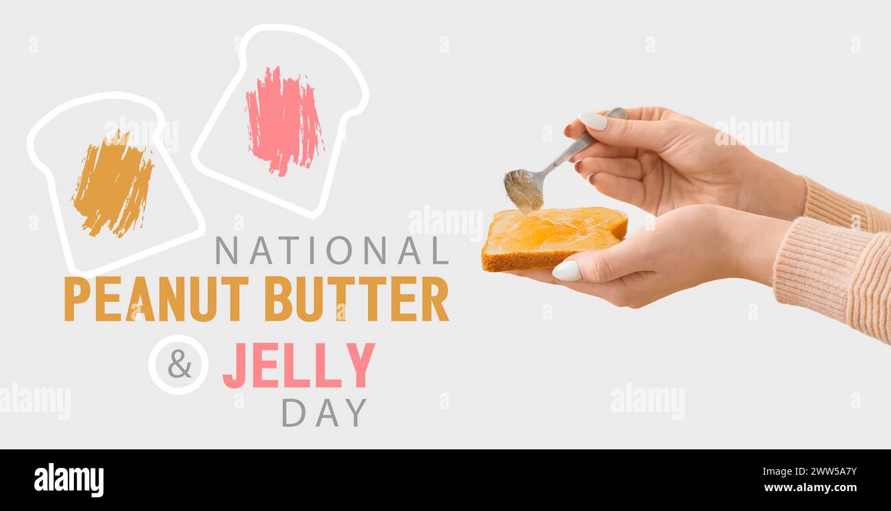 Festive banner for National Peanut Butter and Jelly Day with female ...