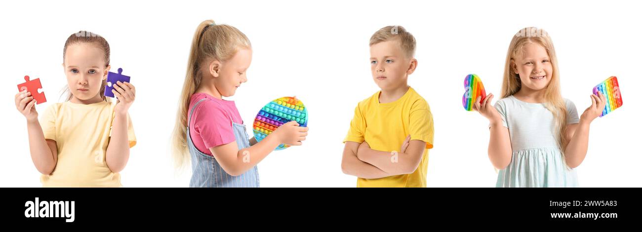 Set of little children with autism on white background Stock Photo - Alamy