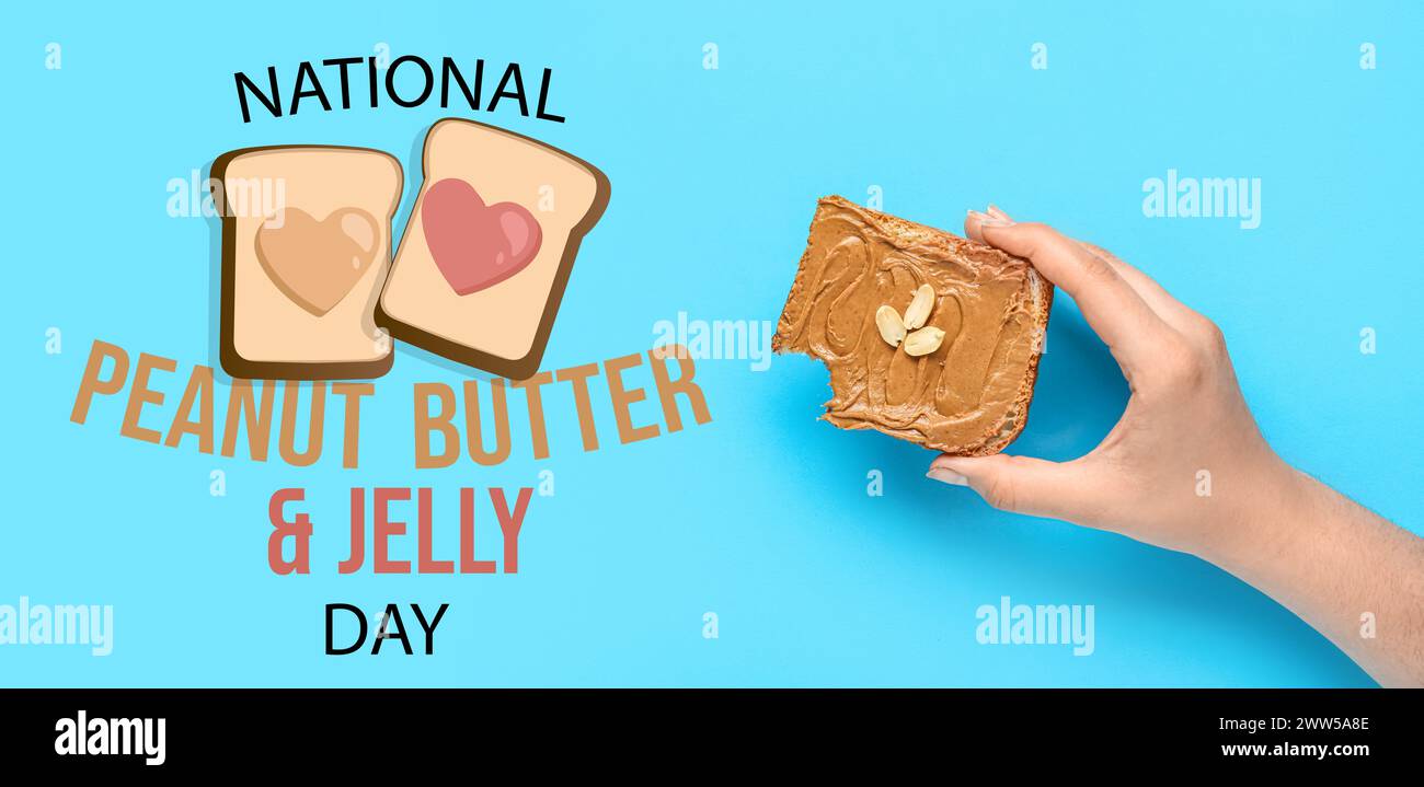 Festive banner for National Peanut Butter and Jelly Day with female ...