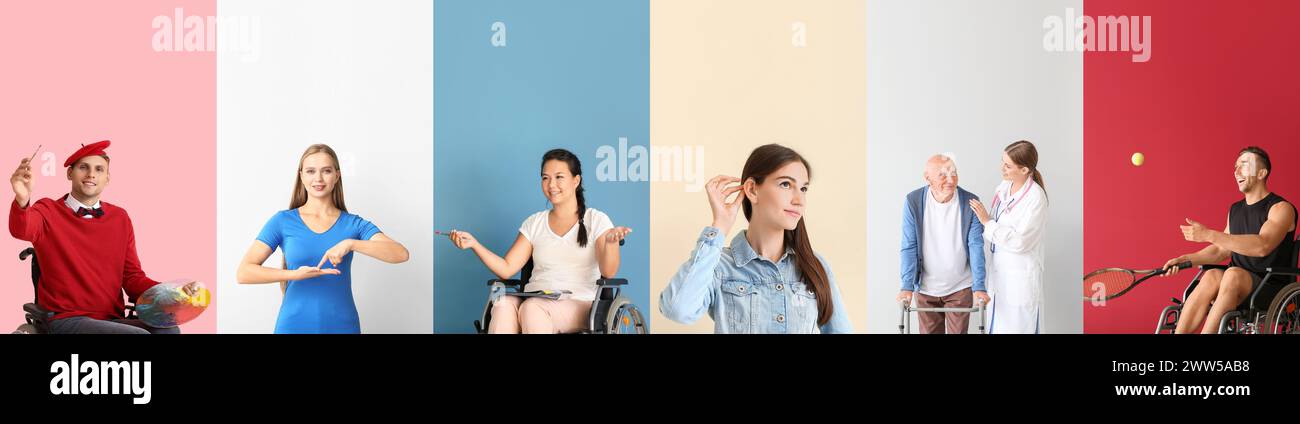 Set of different people with disabilities on color background Stock ...