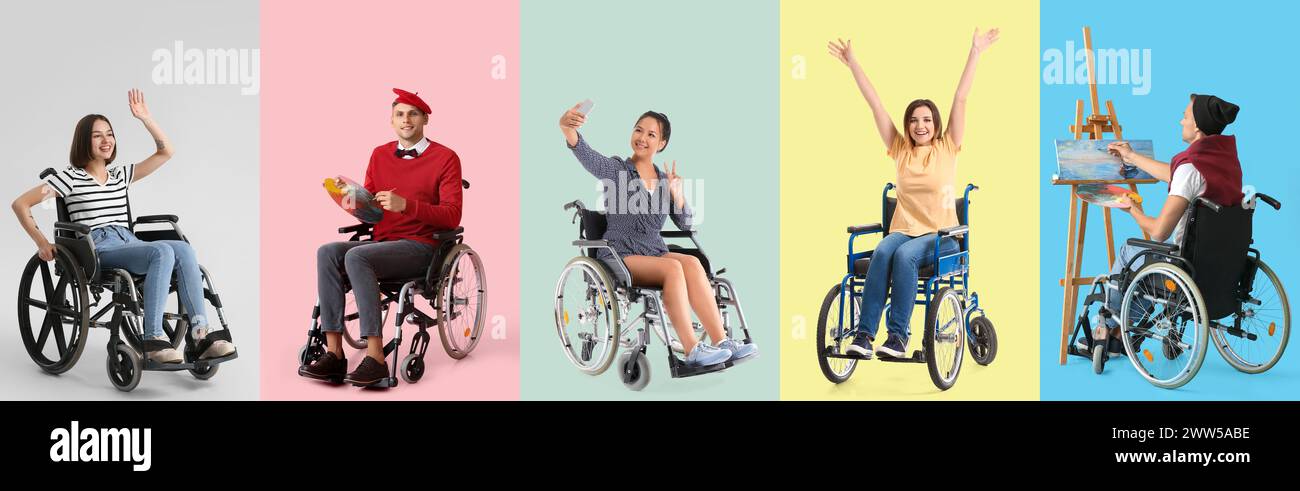 Set of different people with disabilities on color background Stock ...