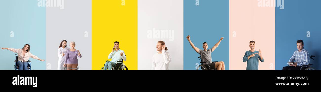 Set of different people with disabilities on color background Stock ...