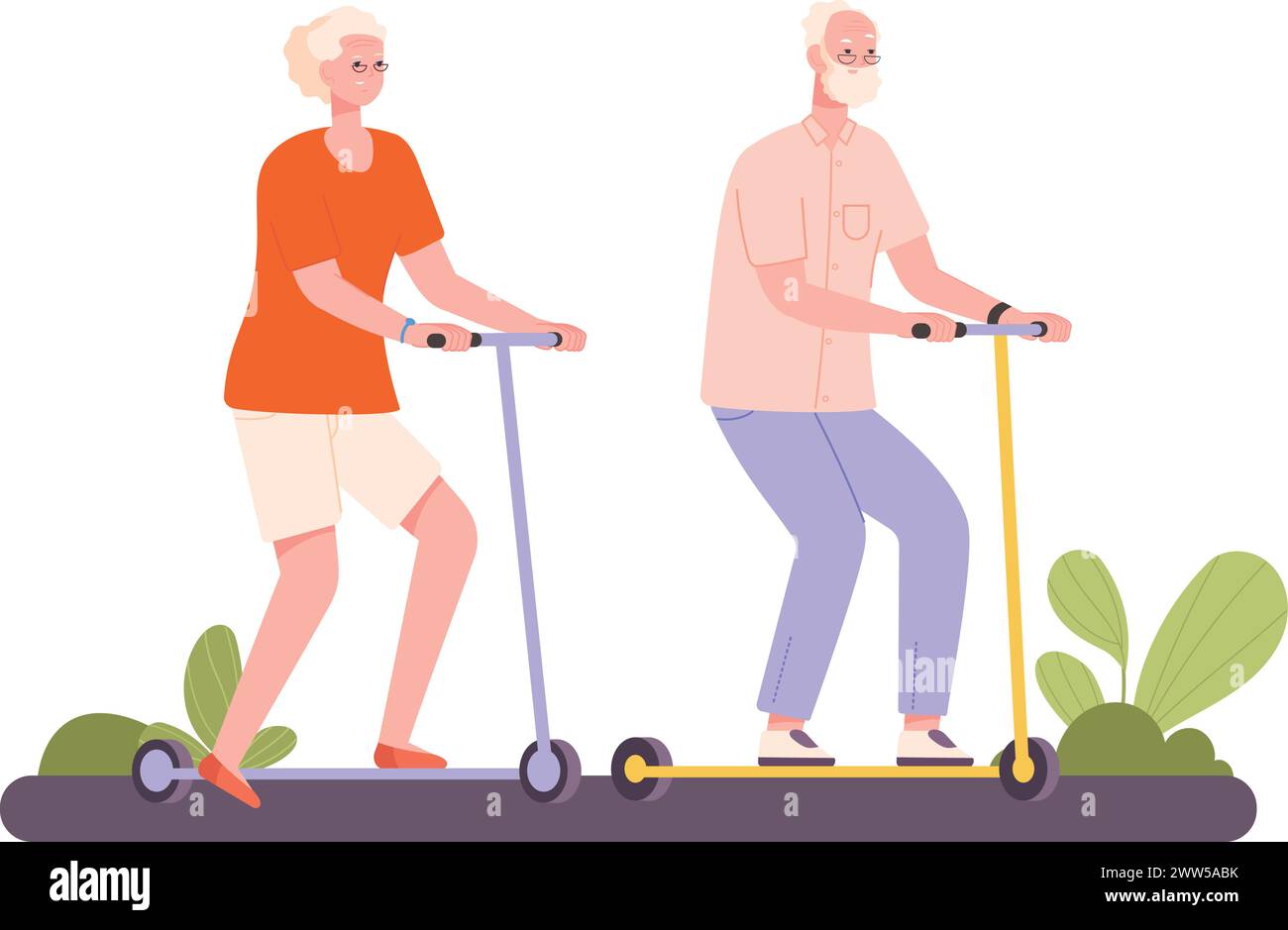 Seniors on scooters. Happy old man and woman riding together isolated ...