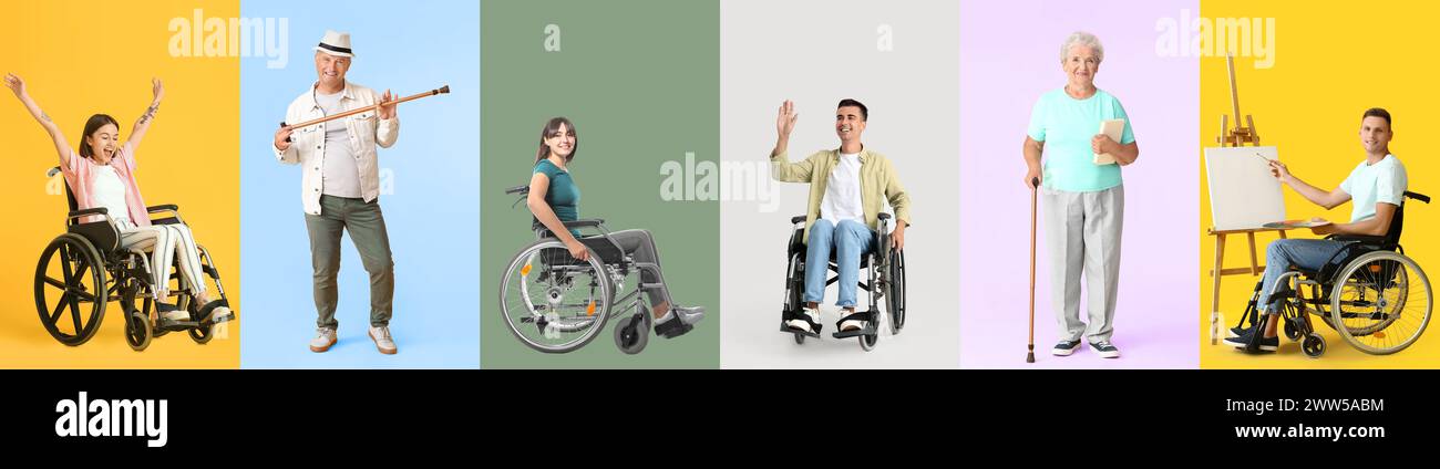 Set of different happy people with disabilities on color background ...