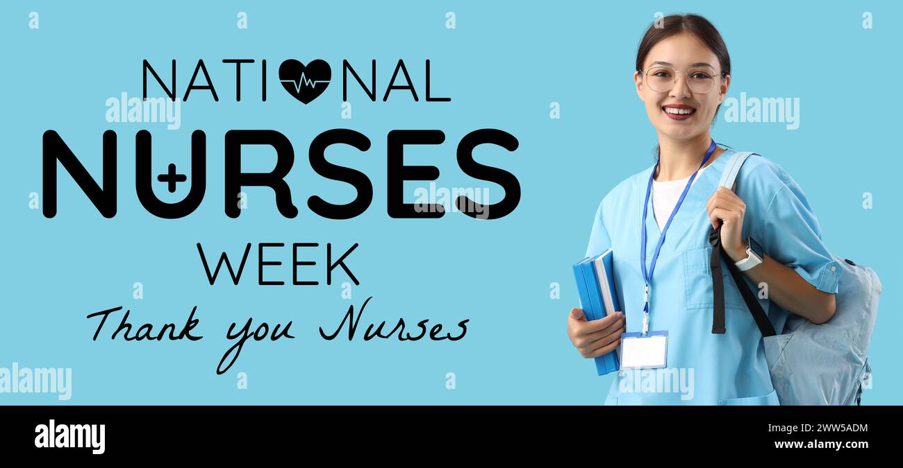 Female medical intern on light blue background. Banner for National ...