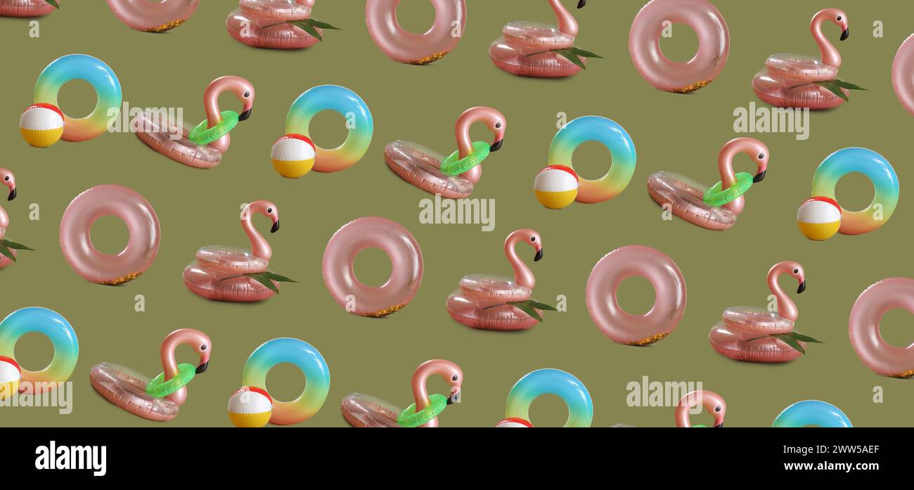 Many inflatable rings and beach balls on color background. Pattern for ...