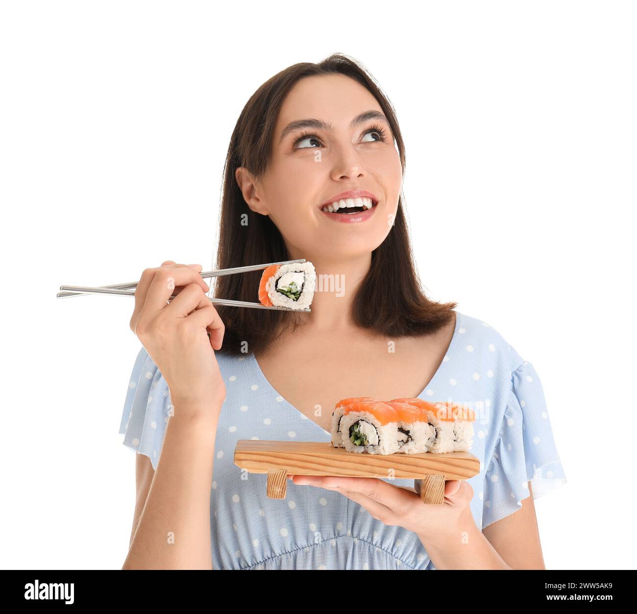 Beautiful young woman with sushi isolated on white Stock Photo - Alamy