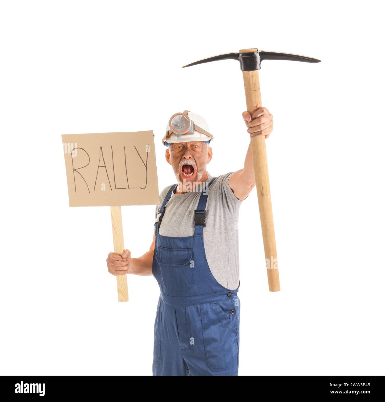 Protesting miner man with pick axe and placard on white background ...