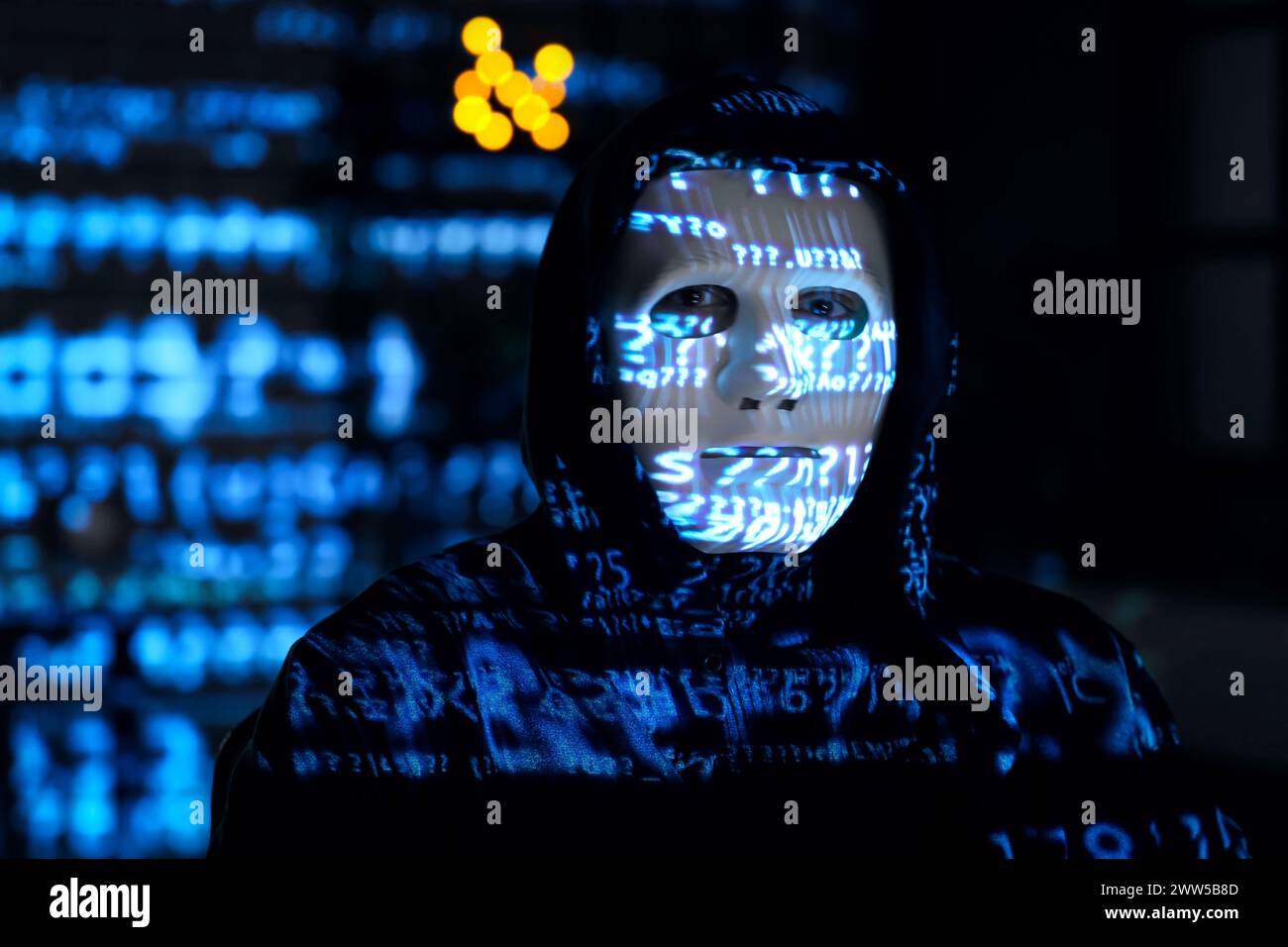 Hacker and projection of programming code in dark room, closeup Stock ...