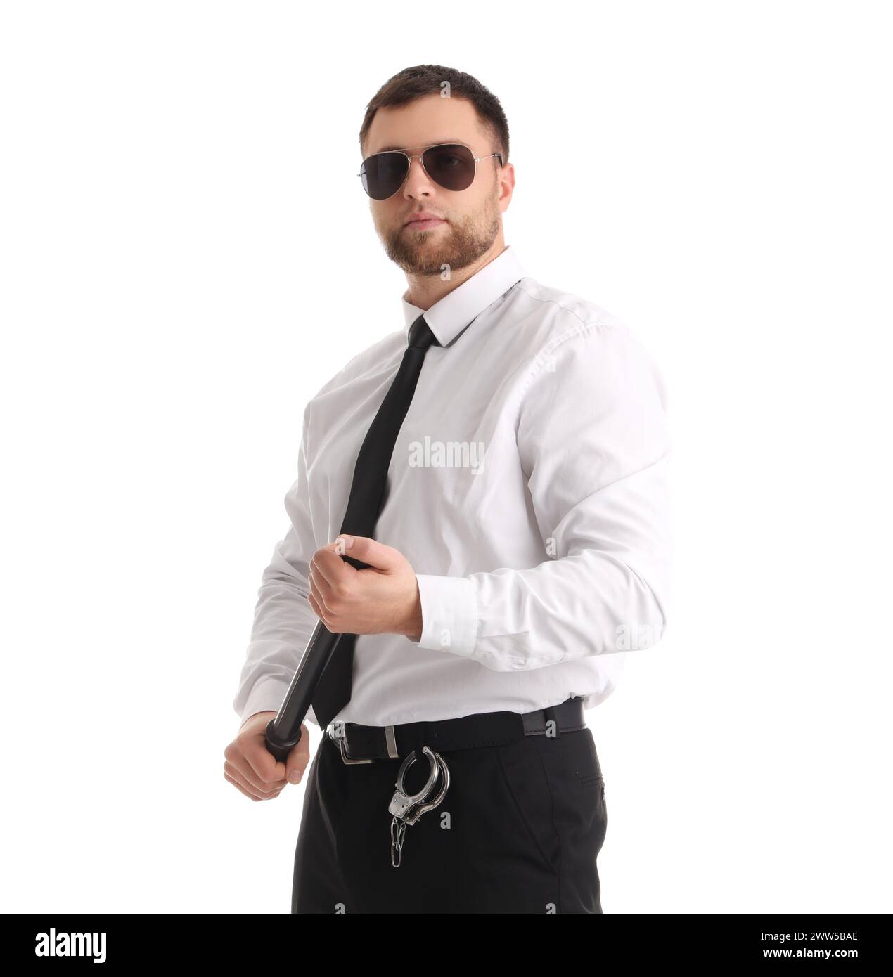 Male police officer with baton on white background Stock Photo - Alamy