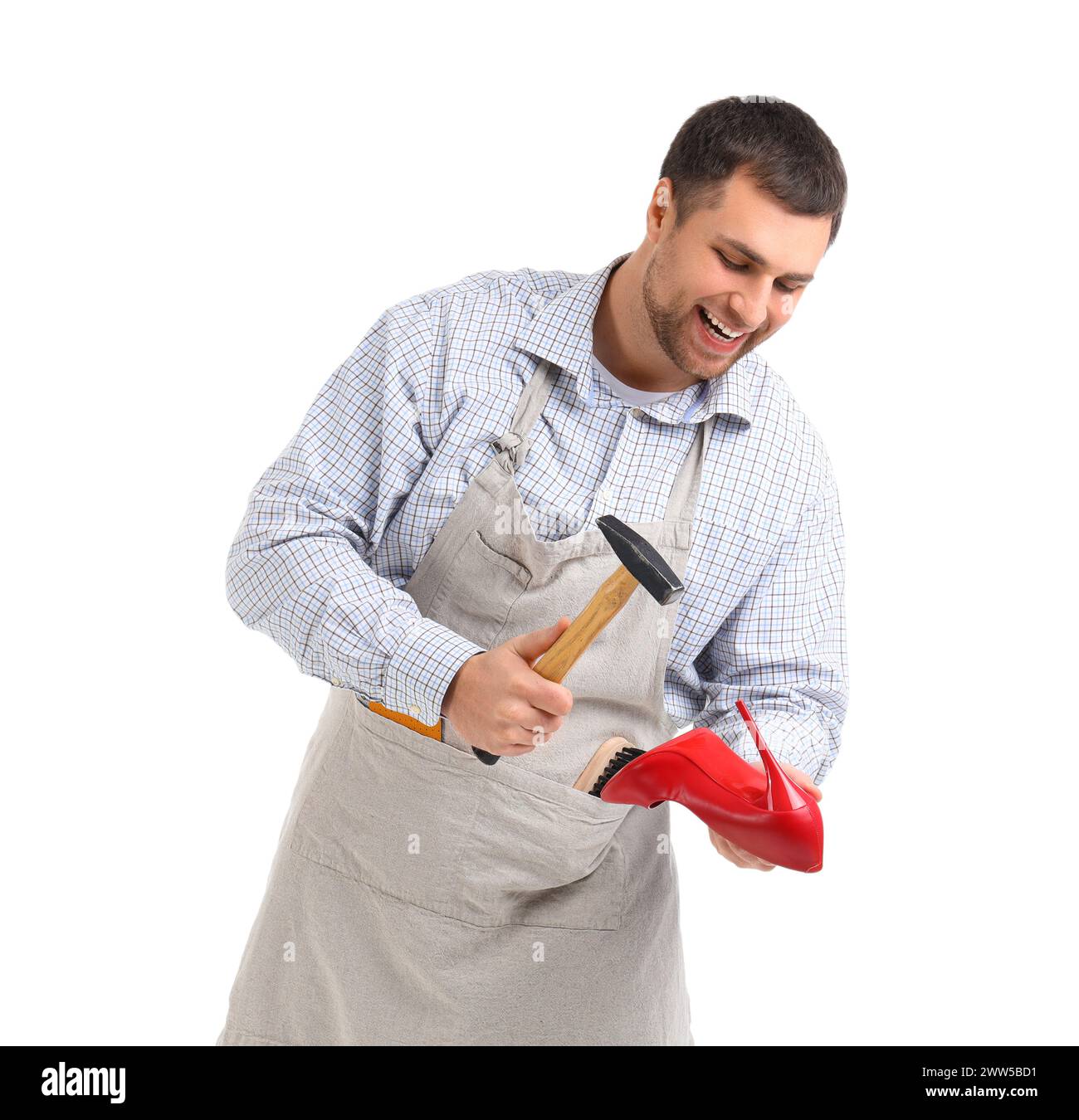Male shoemaker with hammer and heel on white background Stock Photo - Alamy