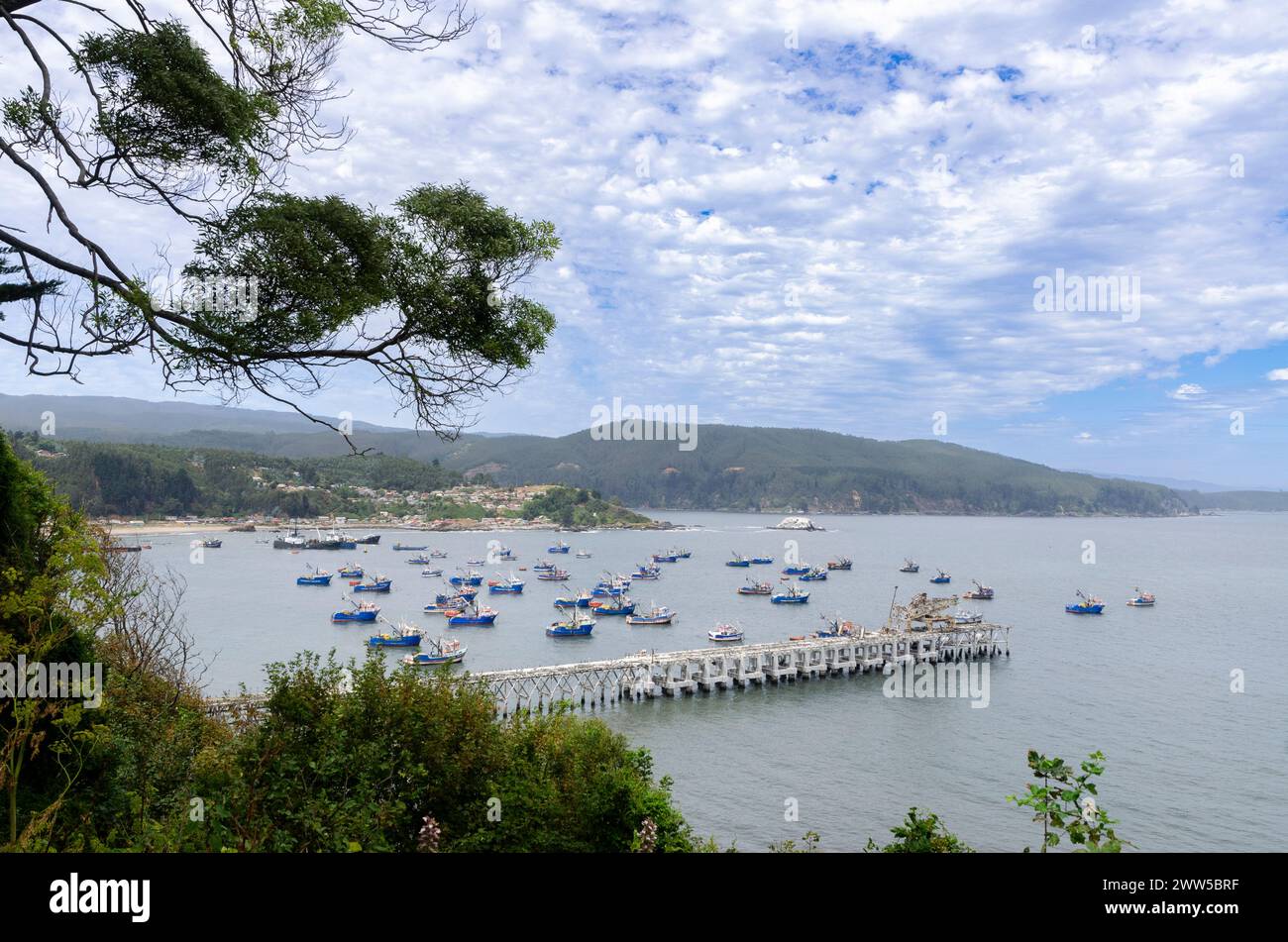 View to the Lota port and dock from the Cousiño park in Lota, Chile ...