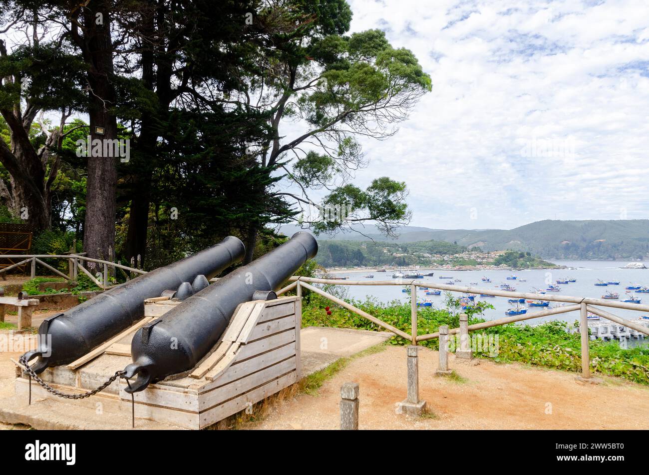 View to the Lota port and dock from the Cousiño park in Lota, Chile ...