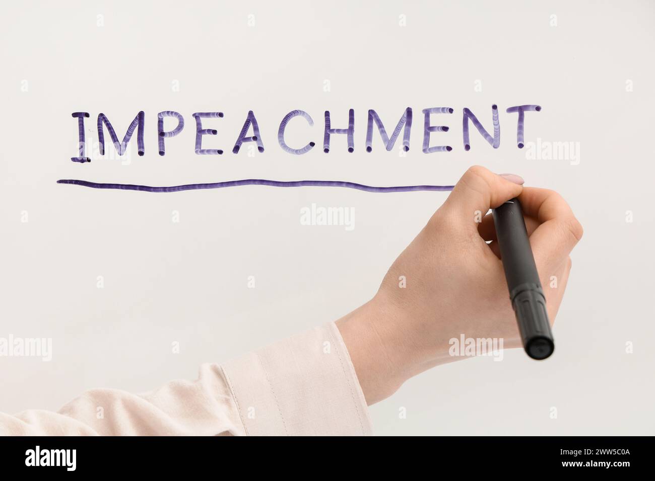 Woman writing word IMPEACH with felt pen on glass against white ...