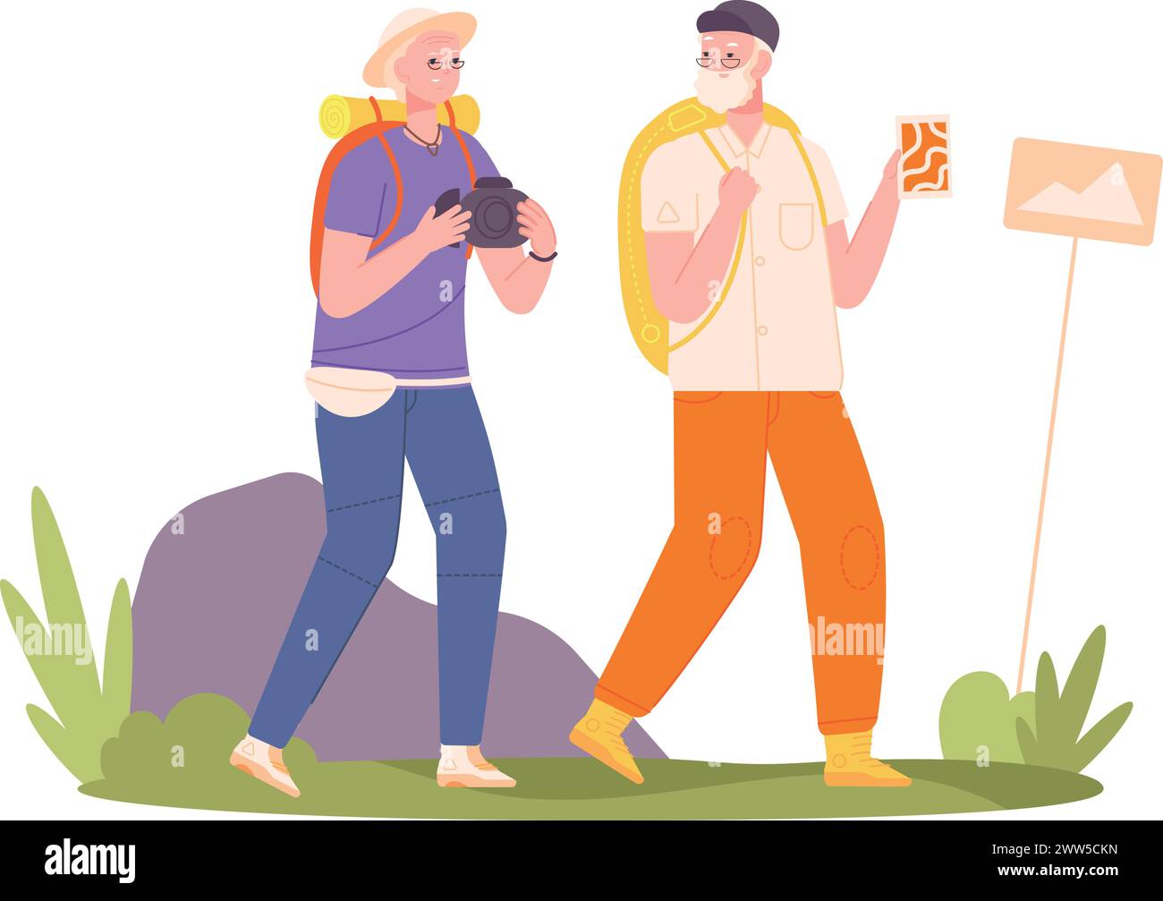 Outdoor travel seniors. Happy old tourist characters isolated on white ...