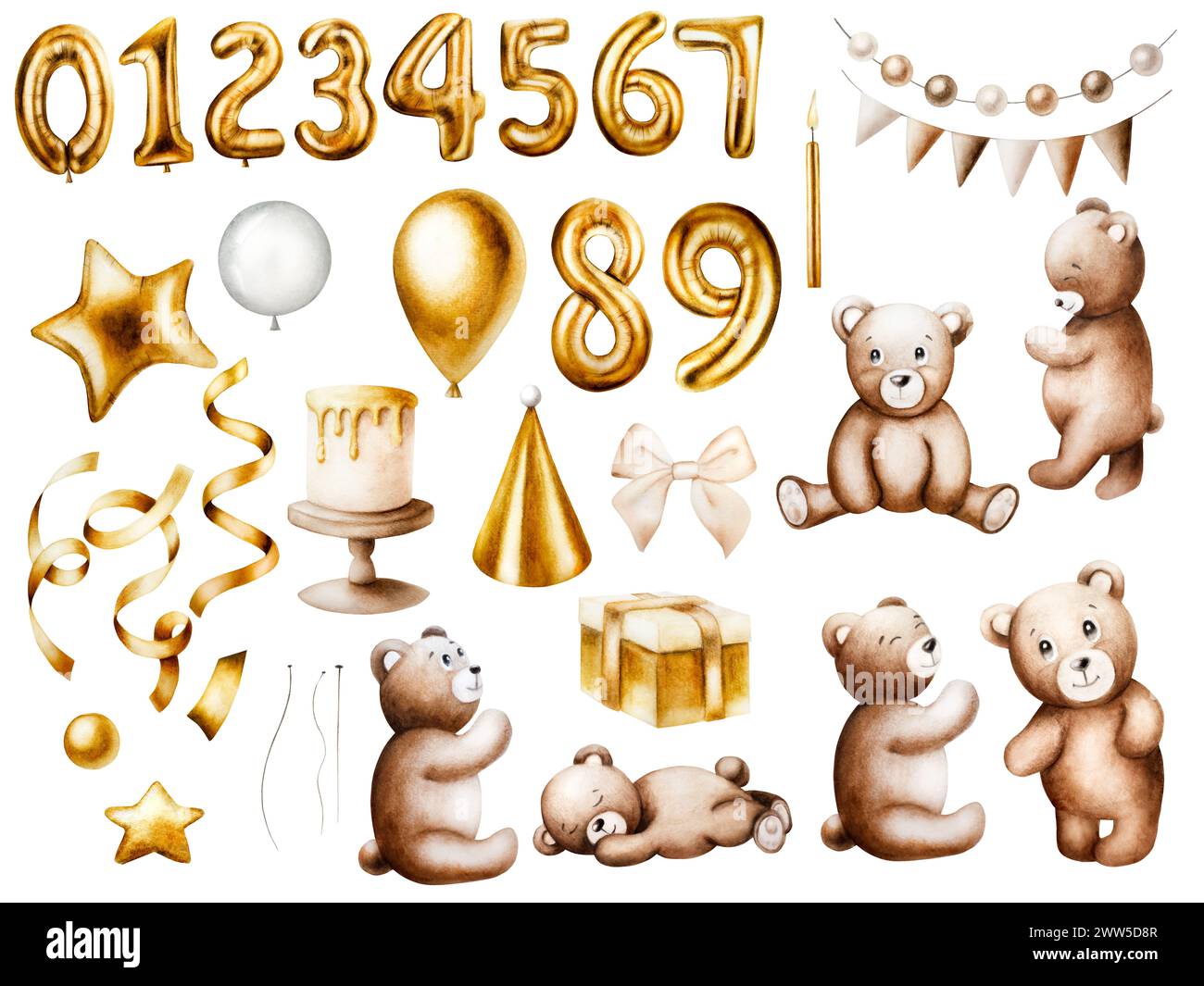 Watercolor isolated birthday illustration set with cute cartoon teddy ...