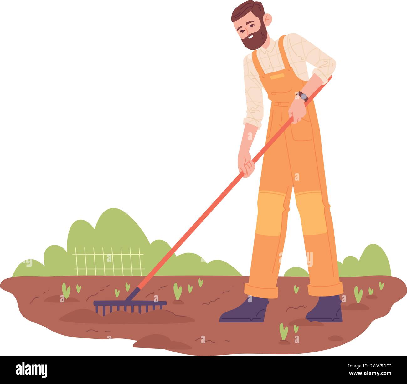 Man work with soil rake on farm. Rural agriculture isolated on white ...