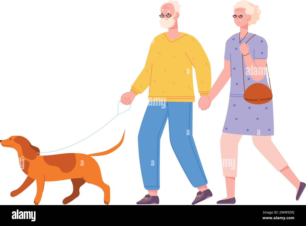 Happy seniors walking with dog on leash. Old people outdoor isolated on ...