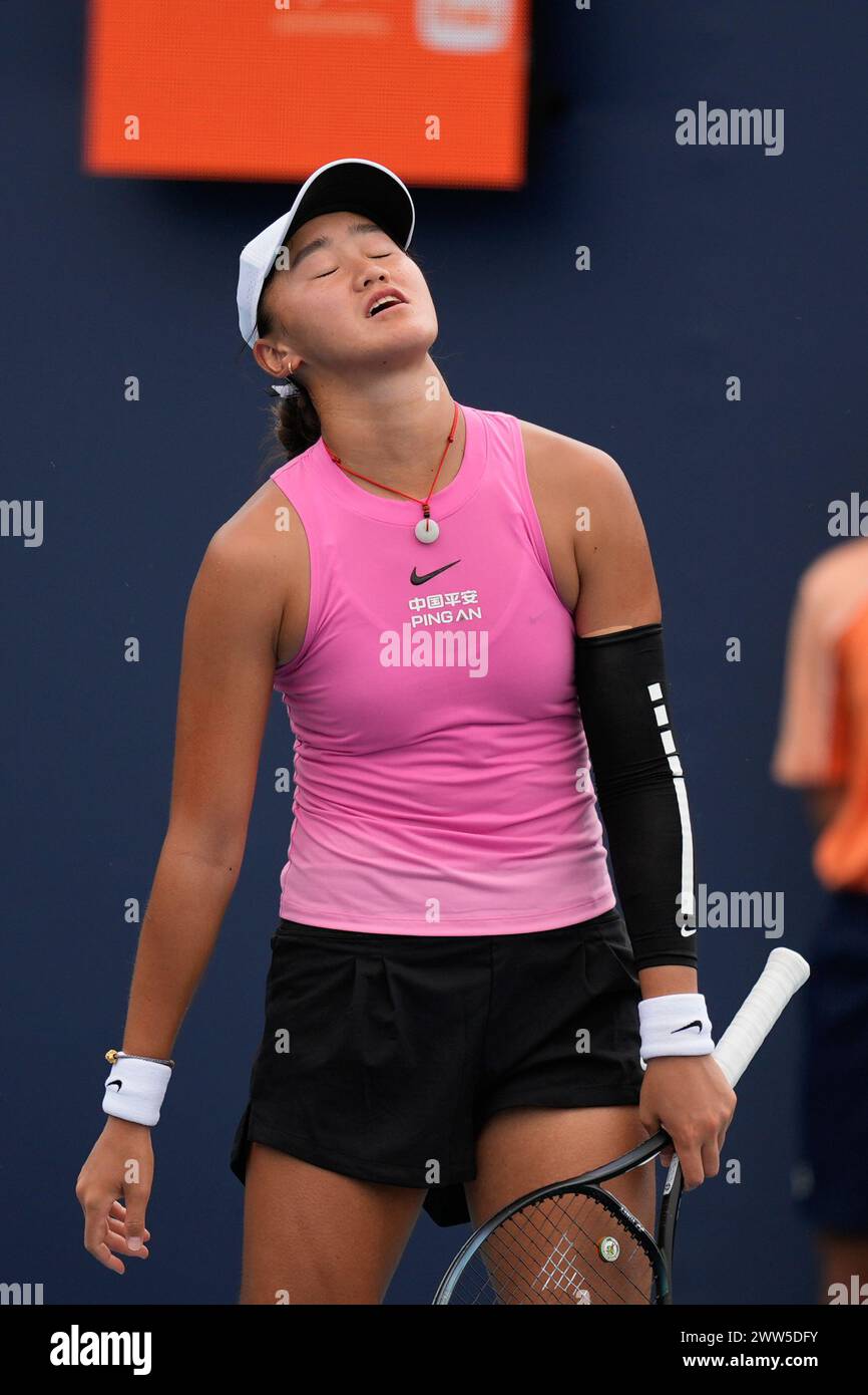 Xiyu Wang, of China, reacts during her women's second round match ...