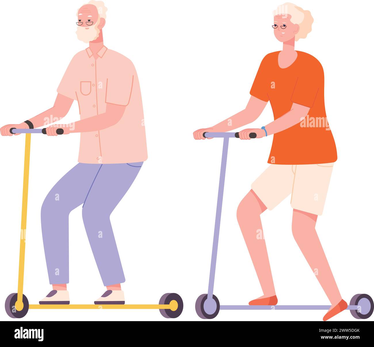 Old man and woman ride scooters. Active senior lifestyle isolated on ...