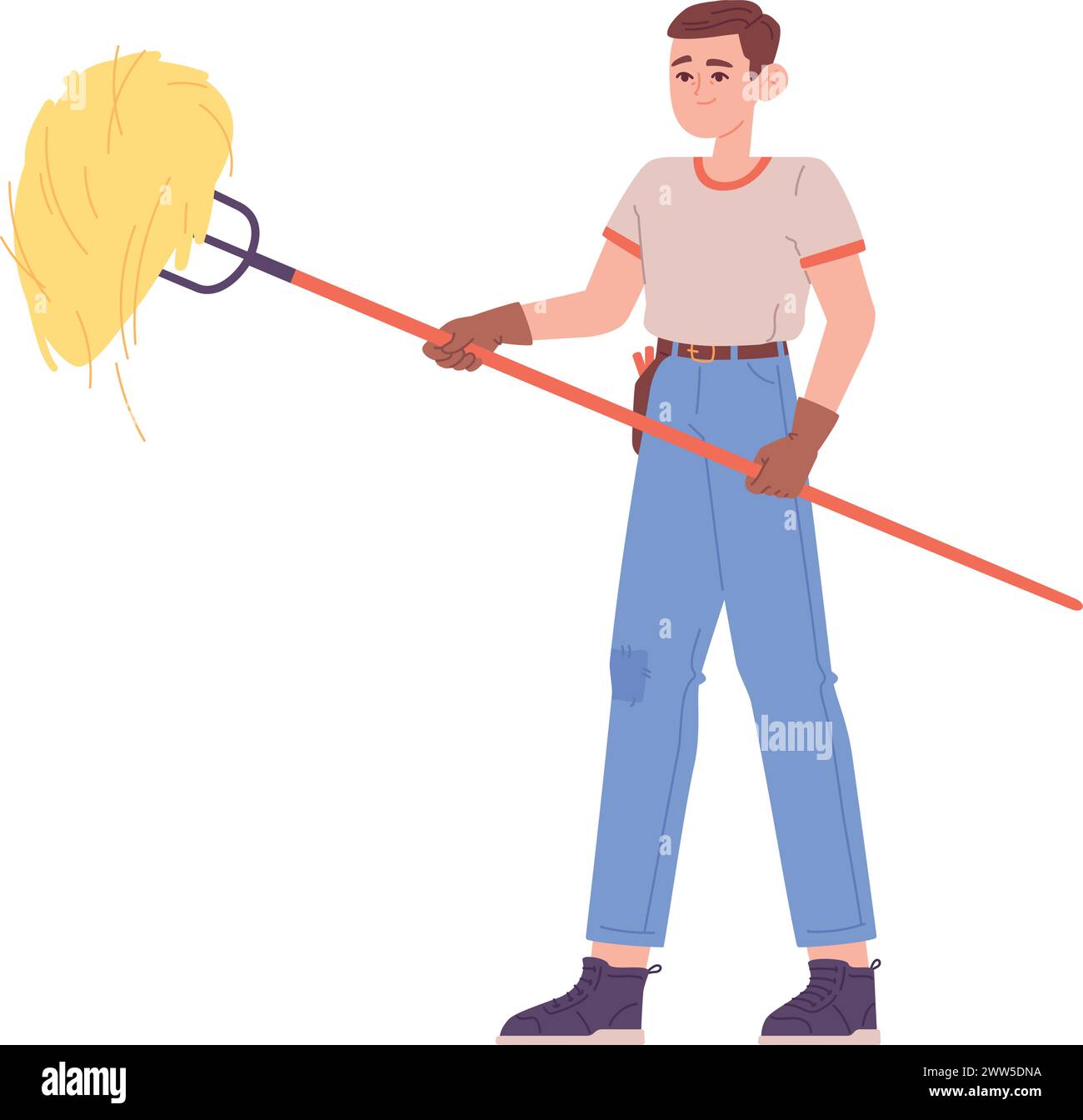 Farmer hold hayfork with hay. Countryside worker character isolated on ...