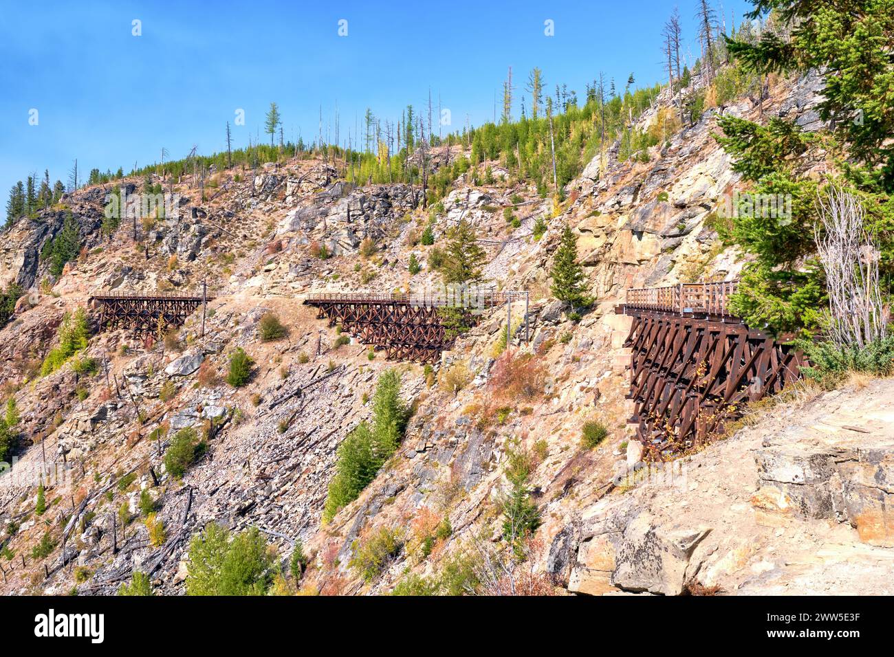 Three wooden trestle bridges in a row along the Kettle Valley rail ...
