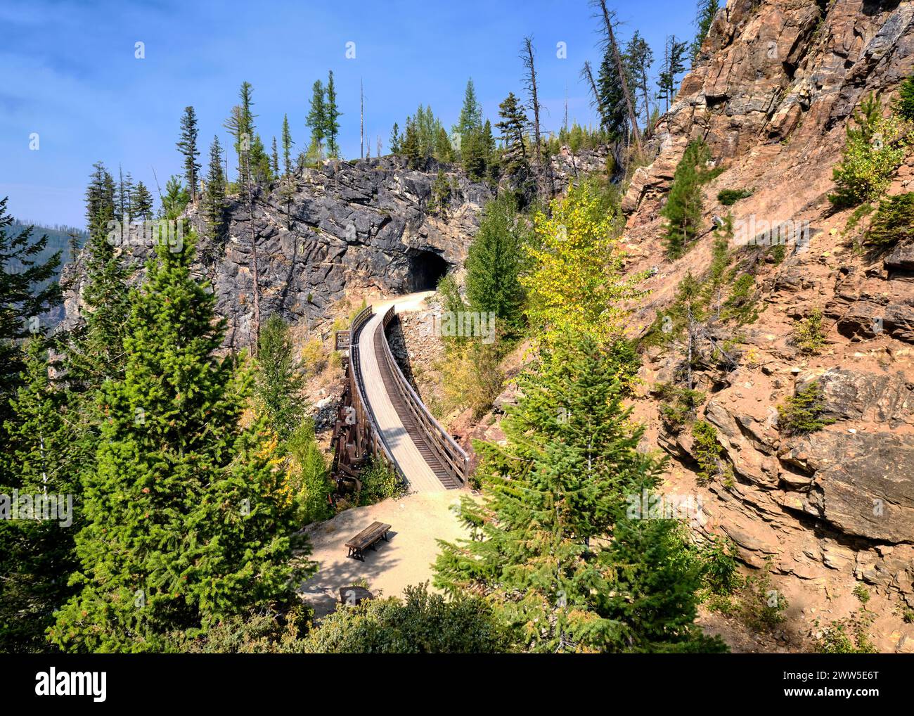 An aerial view of a trestle bridge on the Kettle Valley rail trail ...