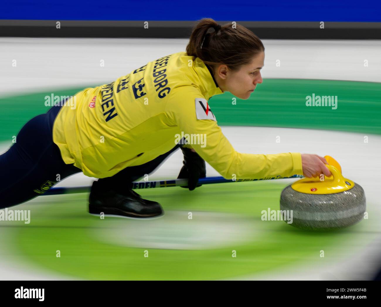 Sydney, Canada. 21st Mar, 2024. Sweden skip Anna Hasselborg delivers a ...