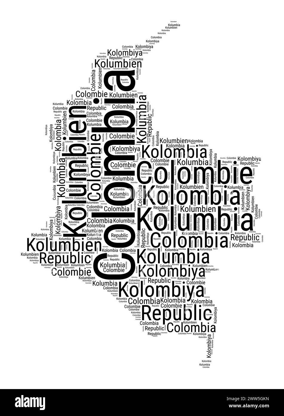Black and white word cloud in Colombia shape. Simple typography style ...