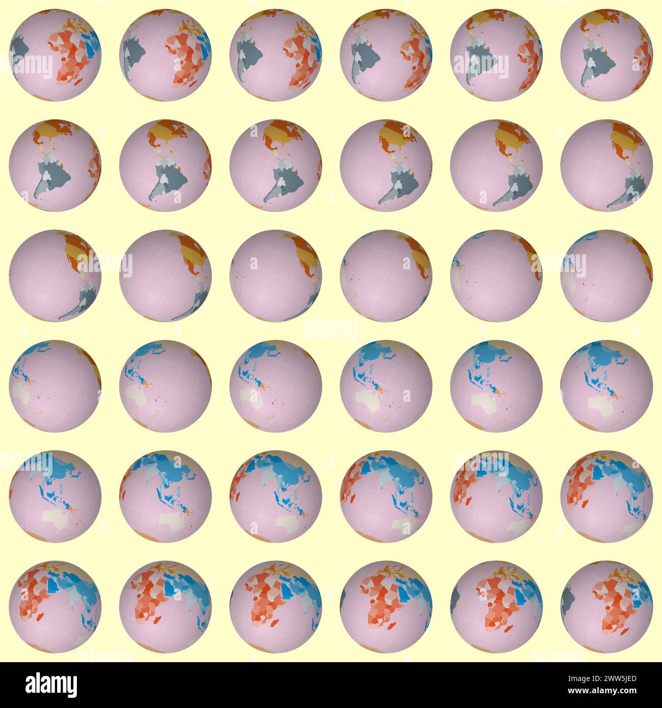 Collection of earth globes in tilted sphere view. Rotation step 10 ...
