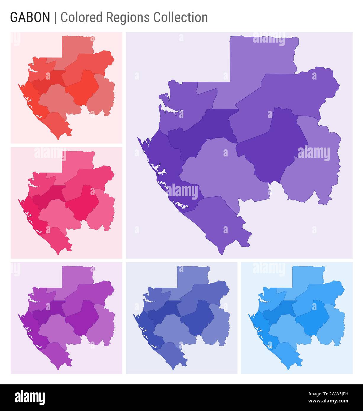 Gabon map collection. Country shape with colored regions. Deep purple ...