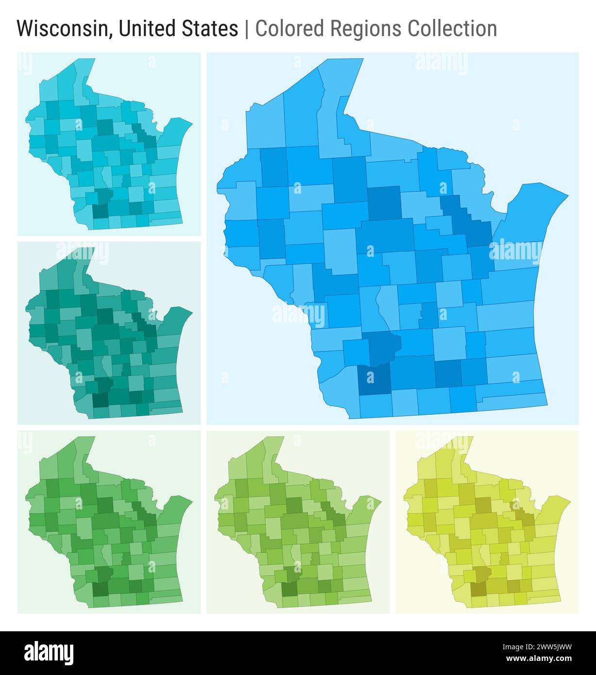 Wisconsin, United States. Map collection. State shape. Colored counties ...