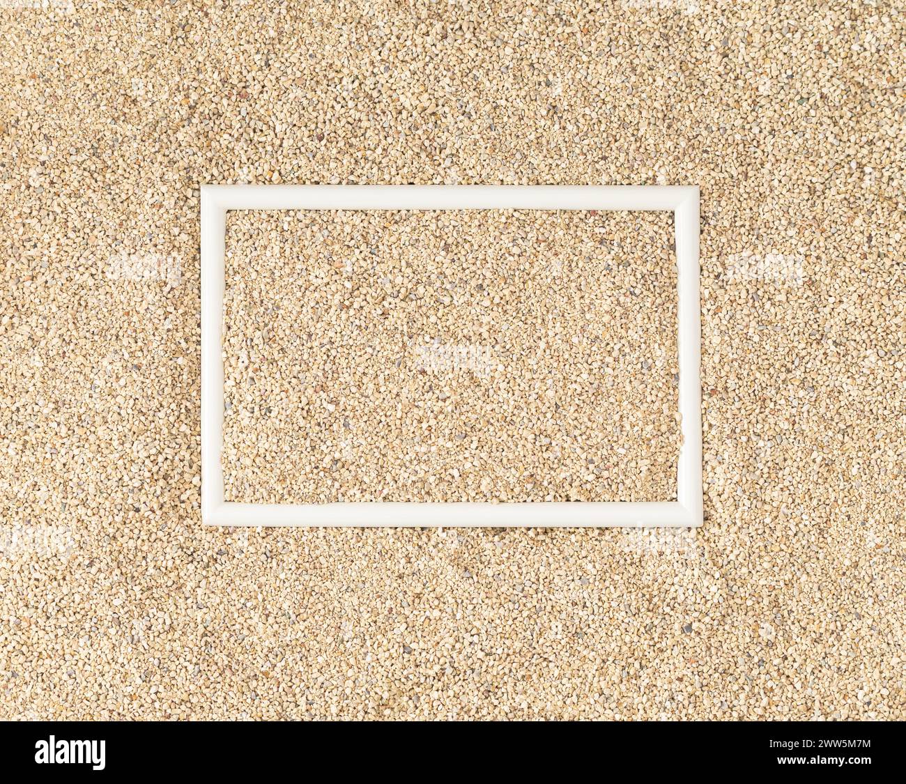 Summer day scene with beach sand and white frame copy space. Minimal ...