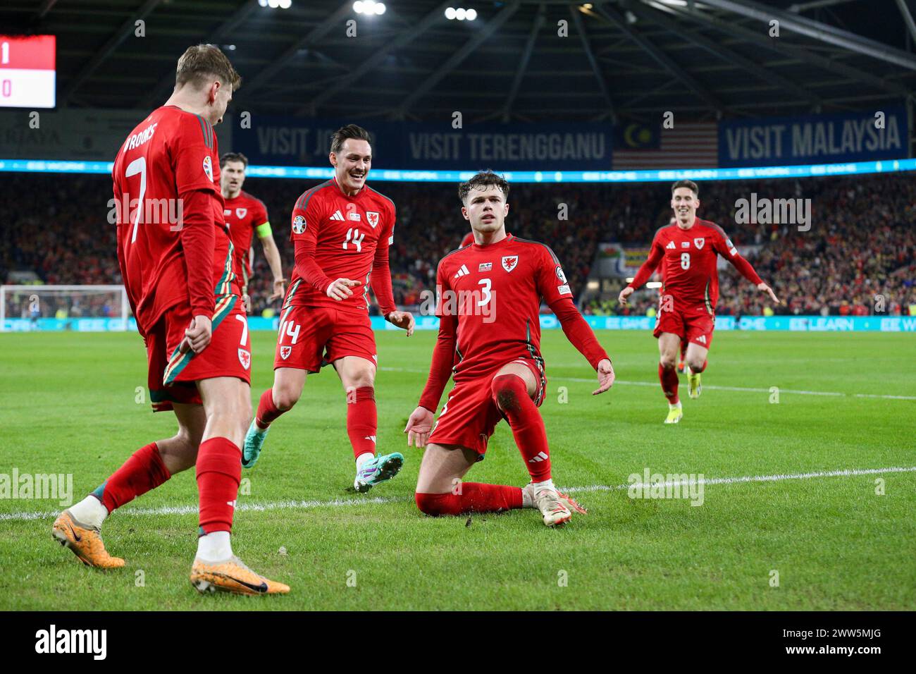 Wales Neco Williams scores a GOAL 2-0 and celebrates with Wales Connor ...