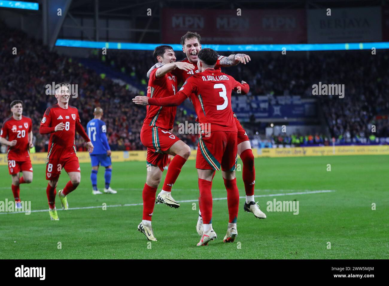 Cardiff, UK. 21st Mar, 2024. Ben Davies, Neco Williams (3) and Joe ...