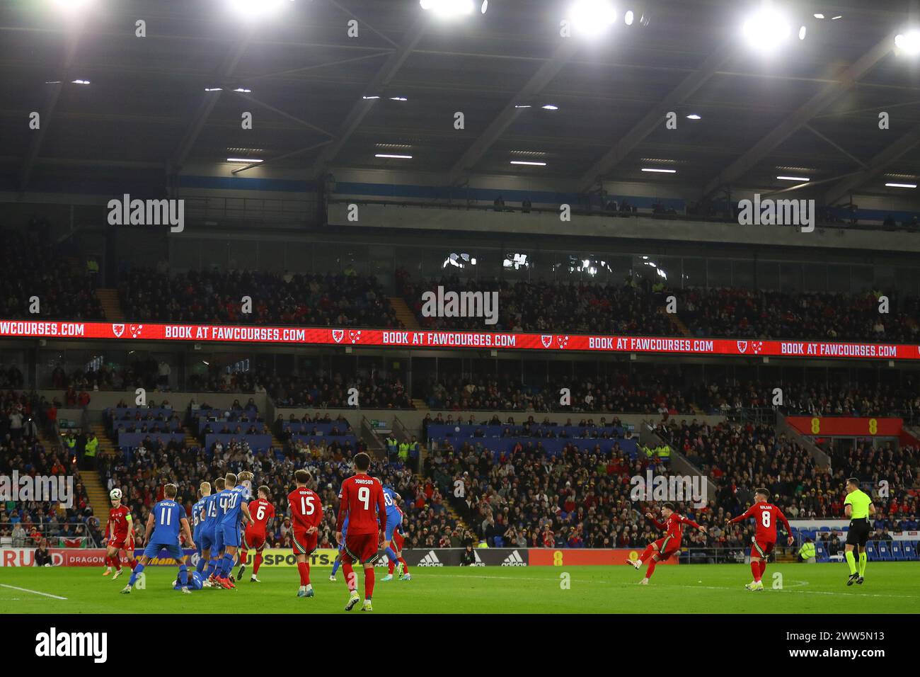Neco Williams (3) of Wales scores his teams 2nd goal from a free-kick ...
