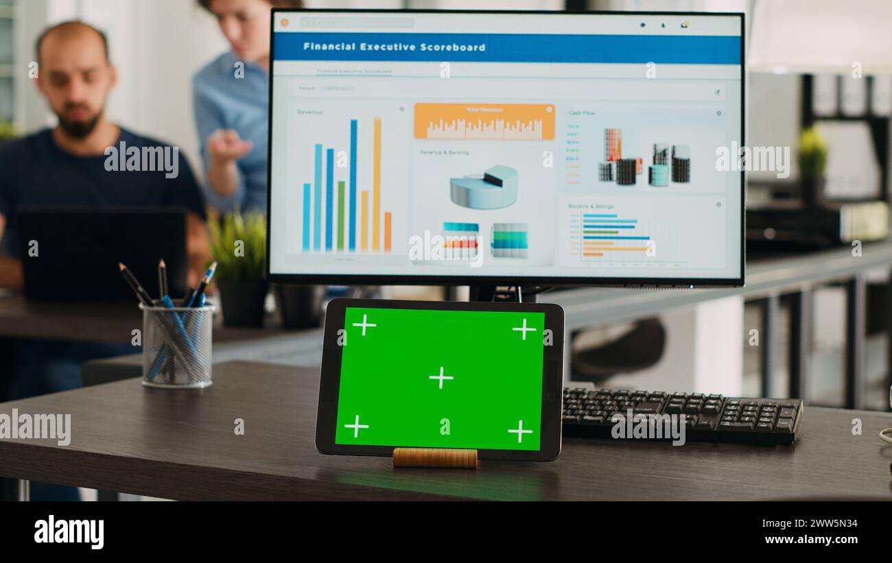 Workstation with greenscreen on tablet device in collaborative ...