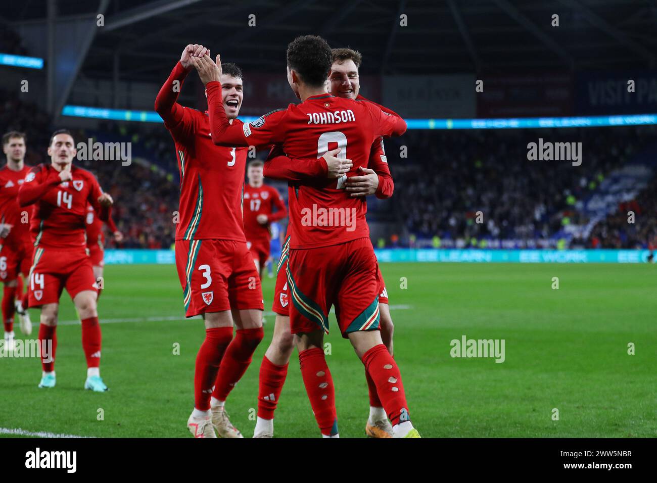 Brennan Johnson of Wales (9) celebrates with teammates Neco Williams (3 ...
