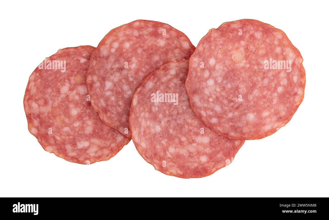 pieces of sliced salami sausage laid out to create layout, salami sausage slices isolated on ...