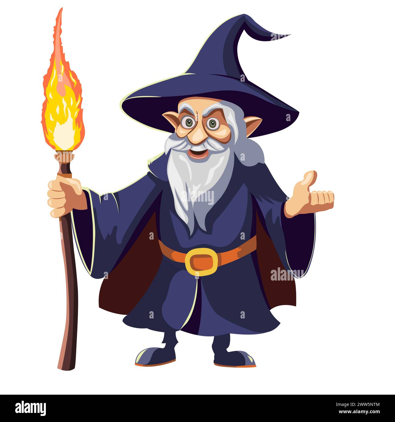 Gray-haired wizard in a blue cloak, hat and with a burning staff ...