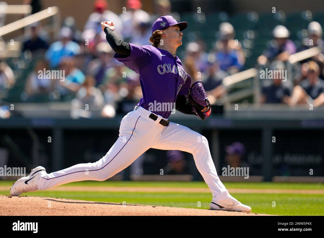 Colorado Rockies starting pitcher Ryan Feltner throws to a Chicago Cubs ...