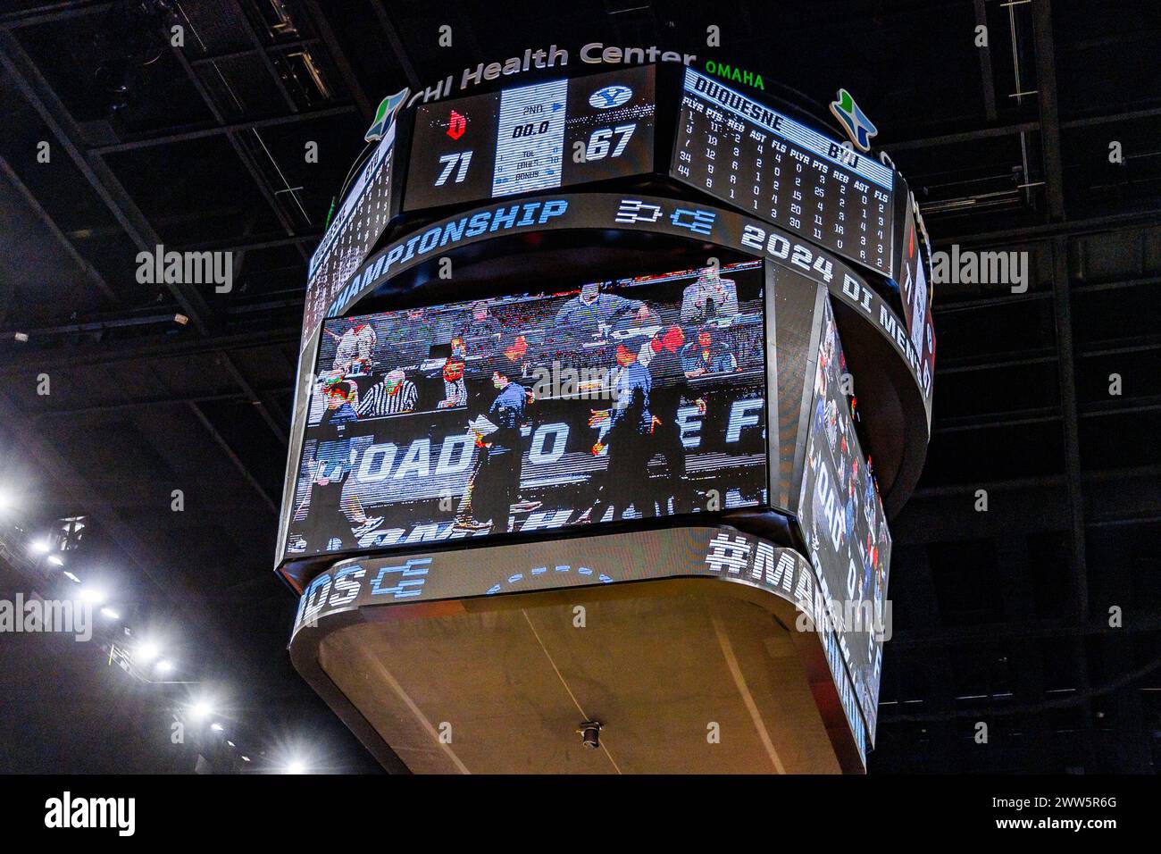 Omaha, NE. U.S. 21st Mar, 2024. Overhead scoreboard reflects the final ...