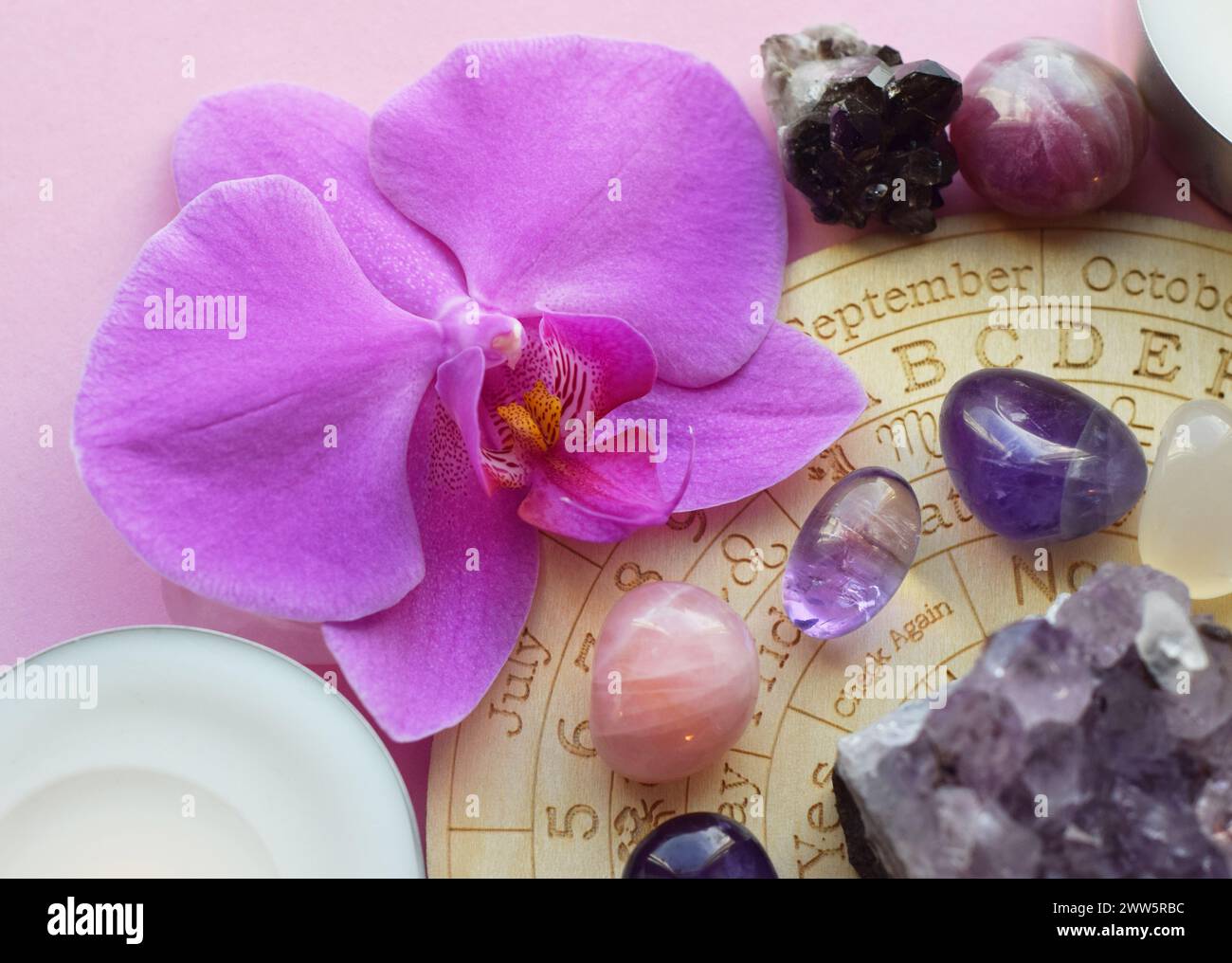 Amethyst crystals, rose quartz and orchid flower. Healing crystals, the ...