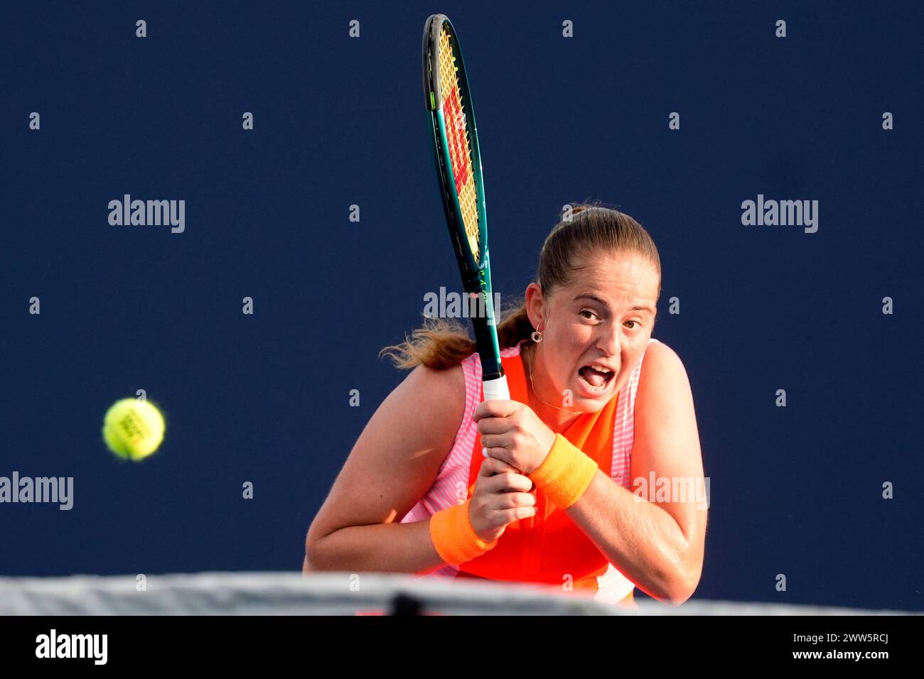 Jelena Ostapenko, of Latvia, hits a return to Laura Siegemund, of ...